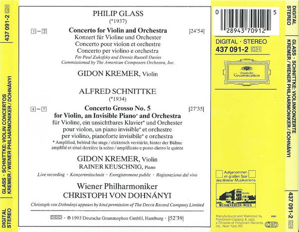 Buy Philip Glass, Alfred Schnittke - Gidon Kremer, Wiener Philharmoniker, Christoph Von Dohnányi ...